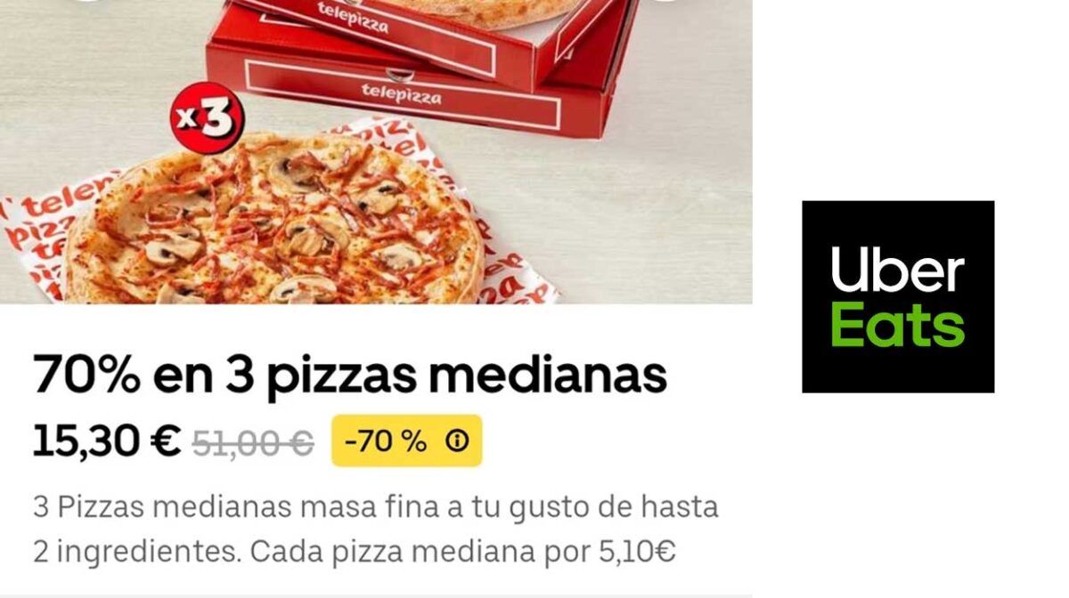 3 pizzas medianas TELEPIZZA por 15,30€ en Uber Eats